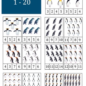 Penguins Count and Clip Cards, Montessori Counting Numbers 1 - 20 ...