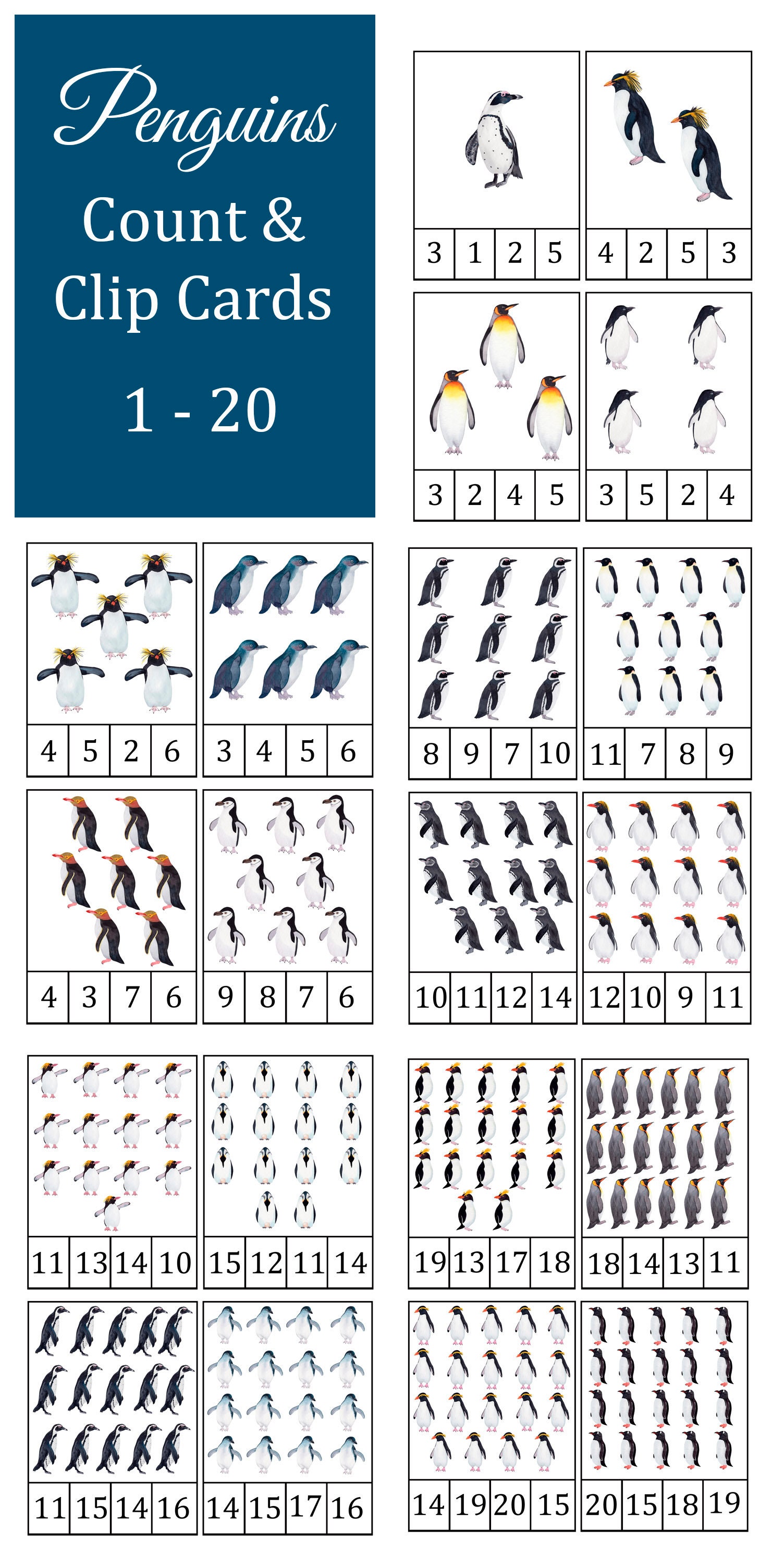 Penguins Count and Clip Cards, Montessori Counting Numbers 1 20 ...