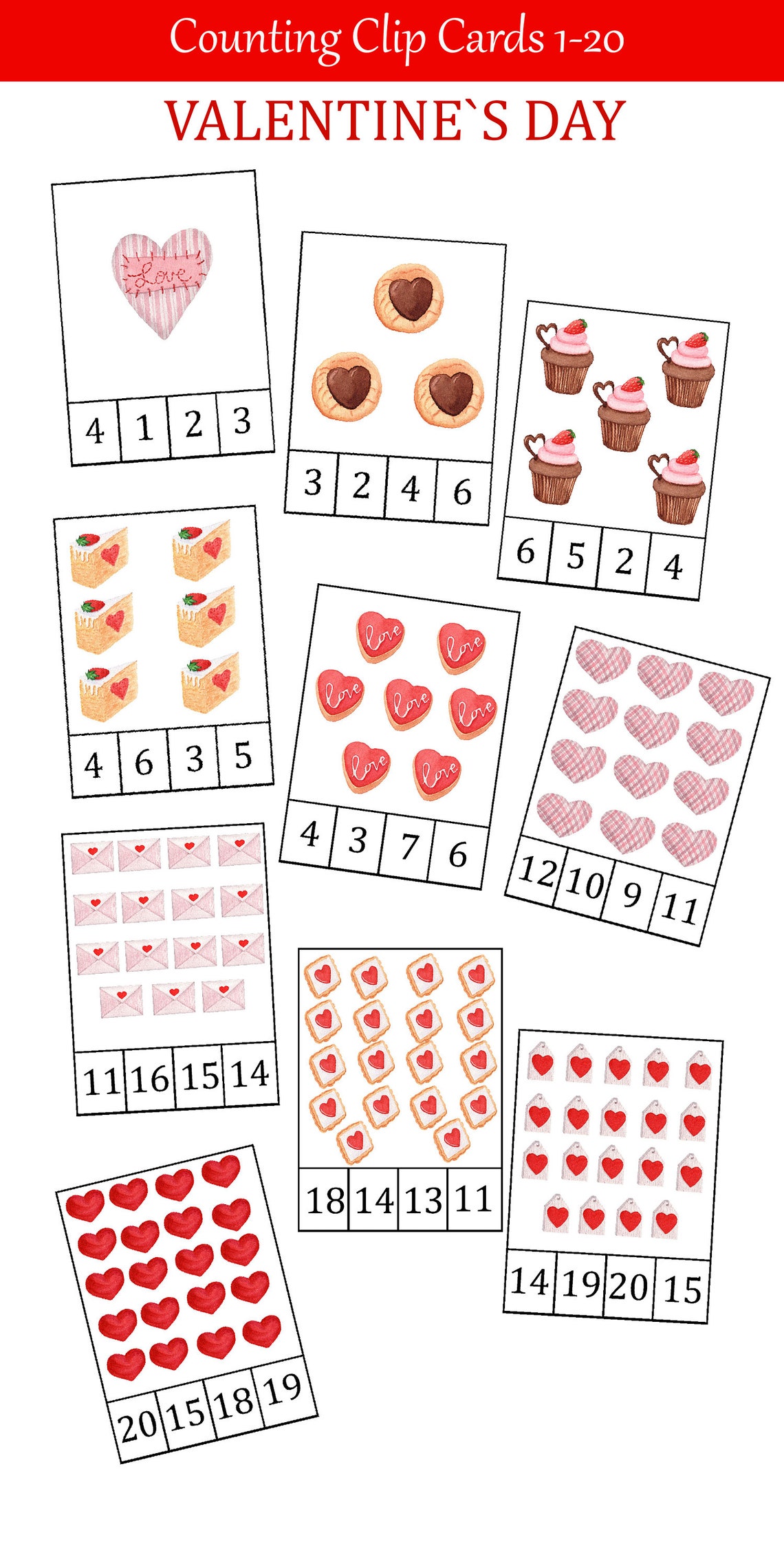 Valentines Day Count and Clip Cards, Number 1 20, Flashcards, Hearts ...