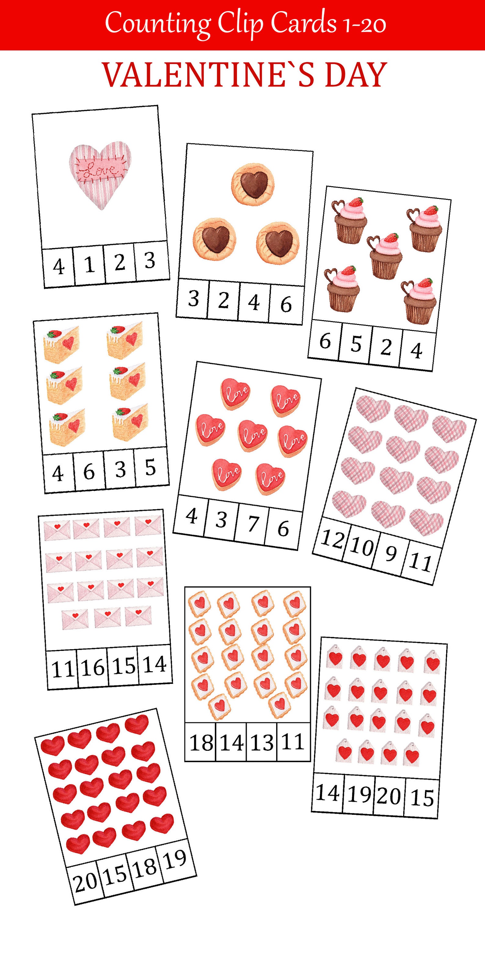 Valentines Day Count and Clip Cards, Number 1 - 20, Flashcards, Hearts ...