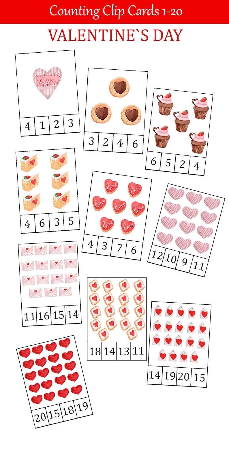 Valentines Day Count and Clip Cards, Number 1 20, Flashcards, Hearts ...