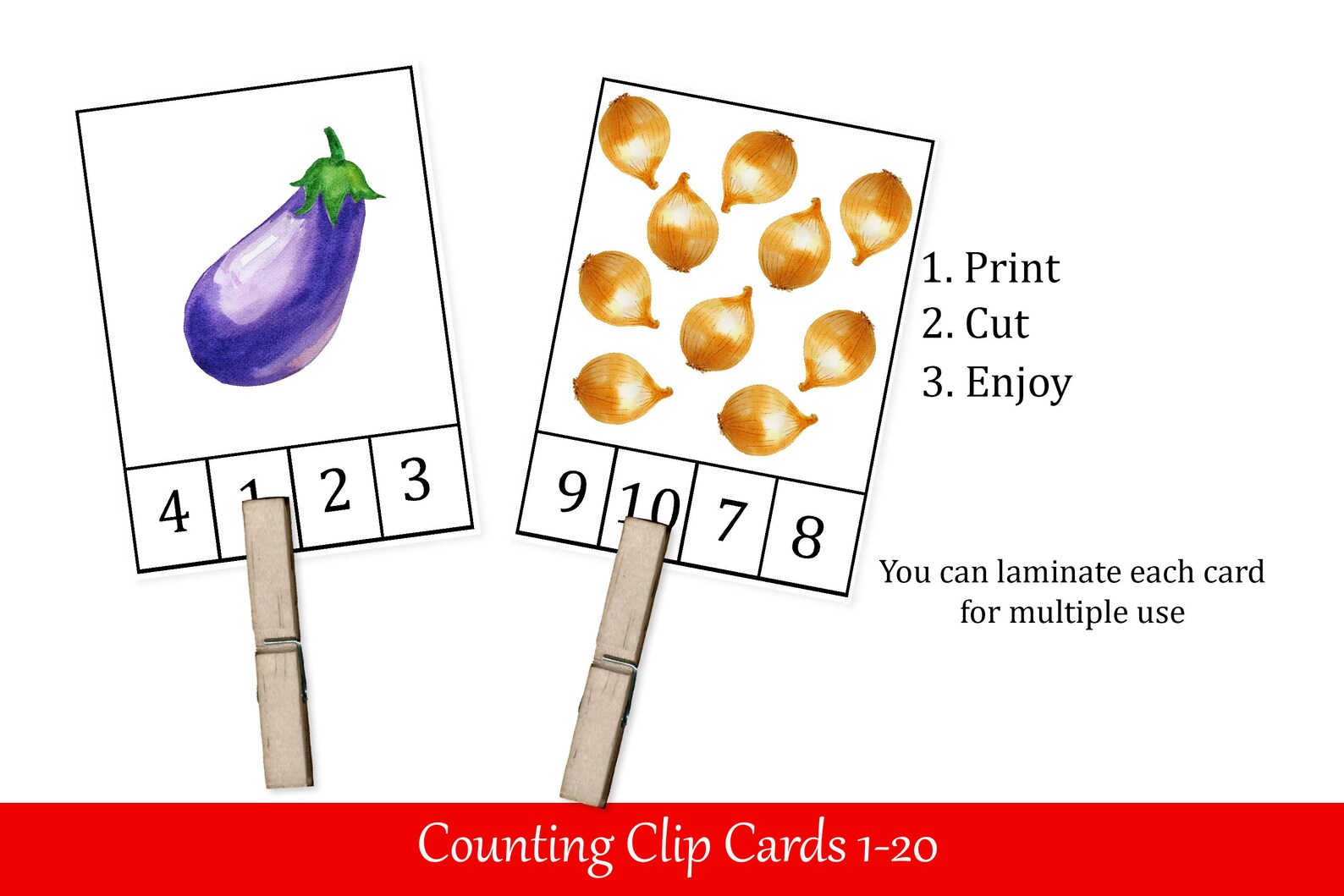 Vegetables Count and Clip Cards, Montessori Counting, Number 1 20 ...