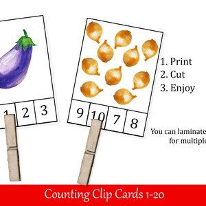 Vegetables Count and Clip Cards, Montessori Counting, Number 1 - 20 ...
