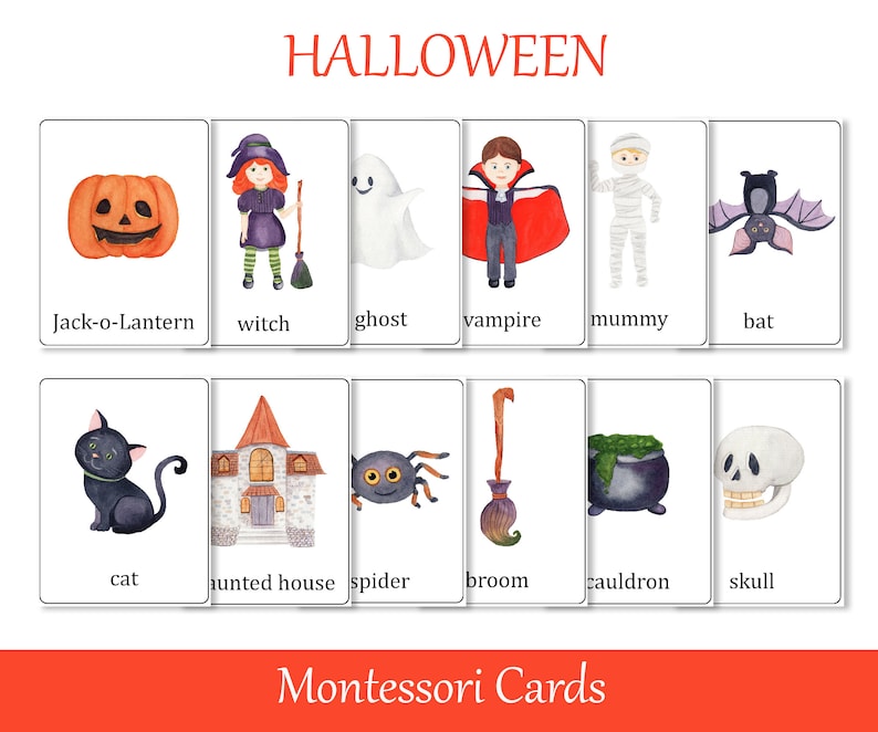 Halloween Preschool Flash Cards. Montessori 3 Part Cards. Nomenclature ...