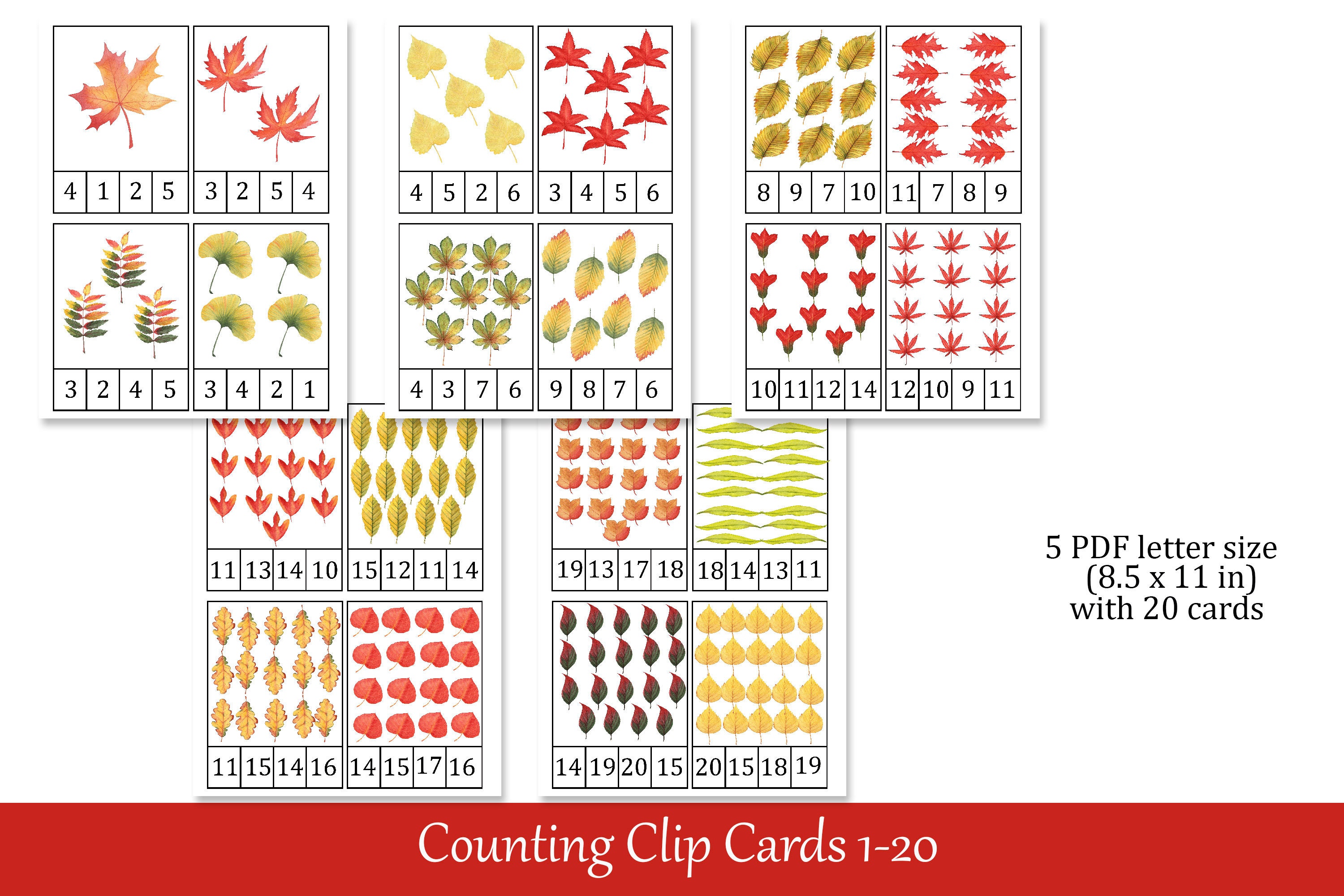 Fall Leaves Count and Clip Cards, Number 1 - 20, Flashcards, Autumn ...