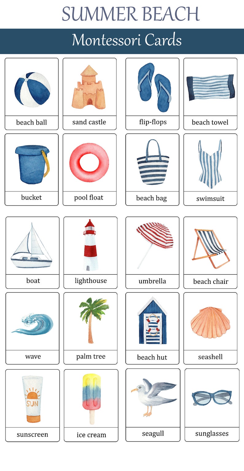 Summer Beach Flash Cards. Montessori 3 Part Cards. Nomenclature Cards ...
