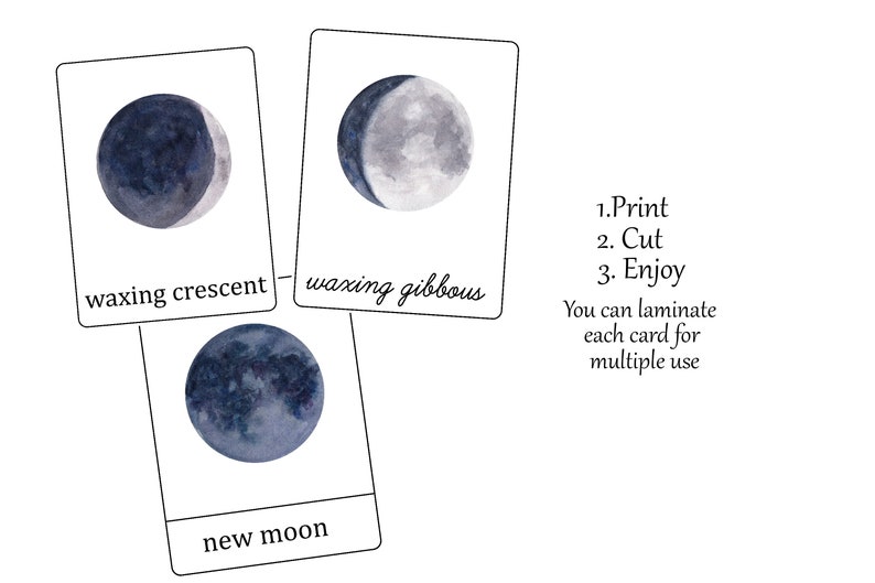 Moon Phases Flash Cards. Montessori Three Part Cards. Nomenclature ...