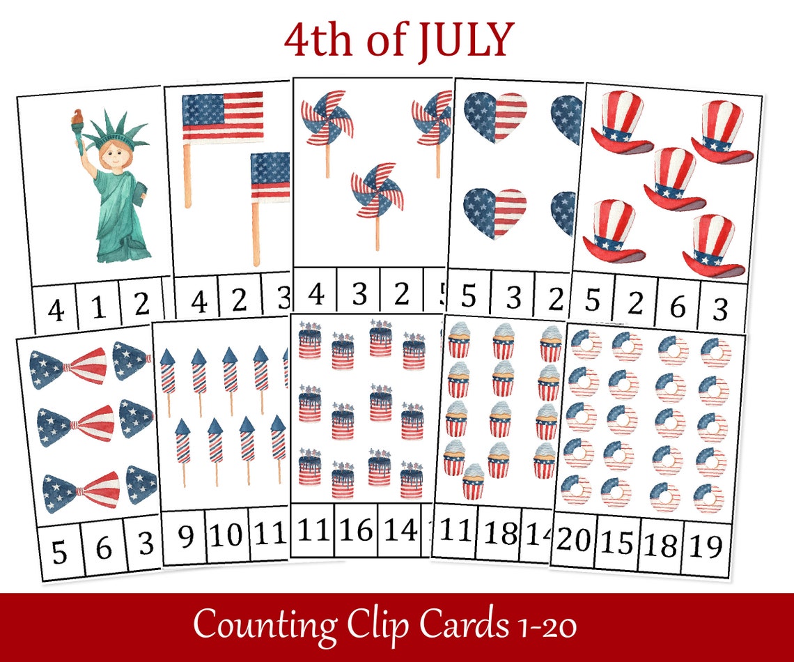 4th of July Count and Clip Cards, Number 1 - 20, USA Independence Day ...