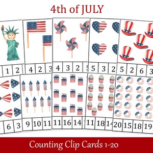 4th of July Count and Clip Cards, Number 1 - 20, USA Independence Day ...