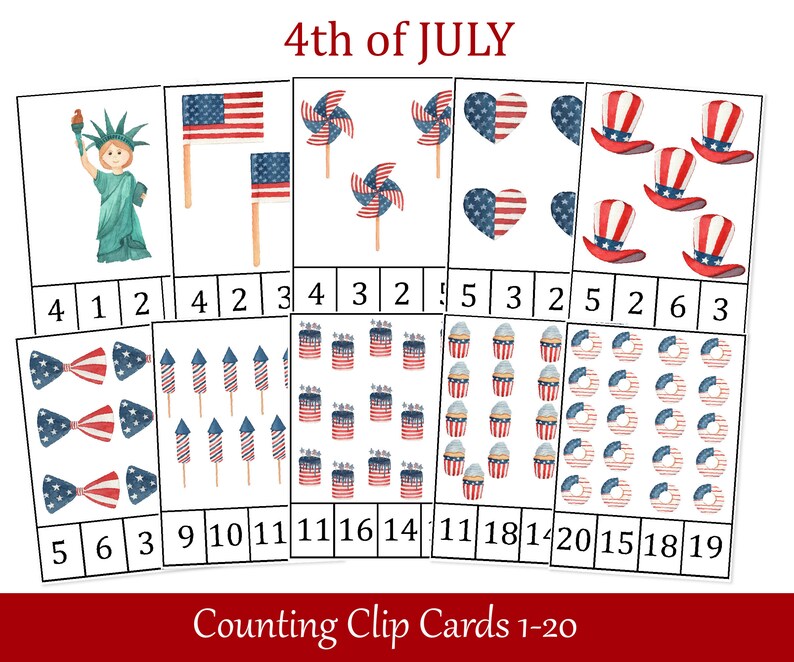 4th of July Count and Clip Cards, Number 1 - 20, USA Independence Day ...