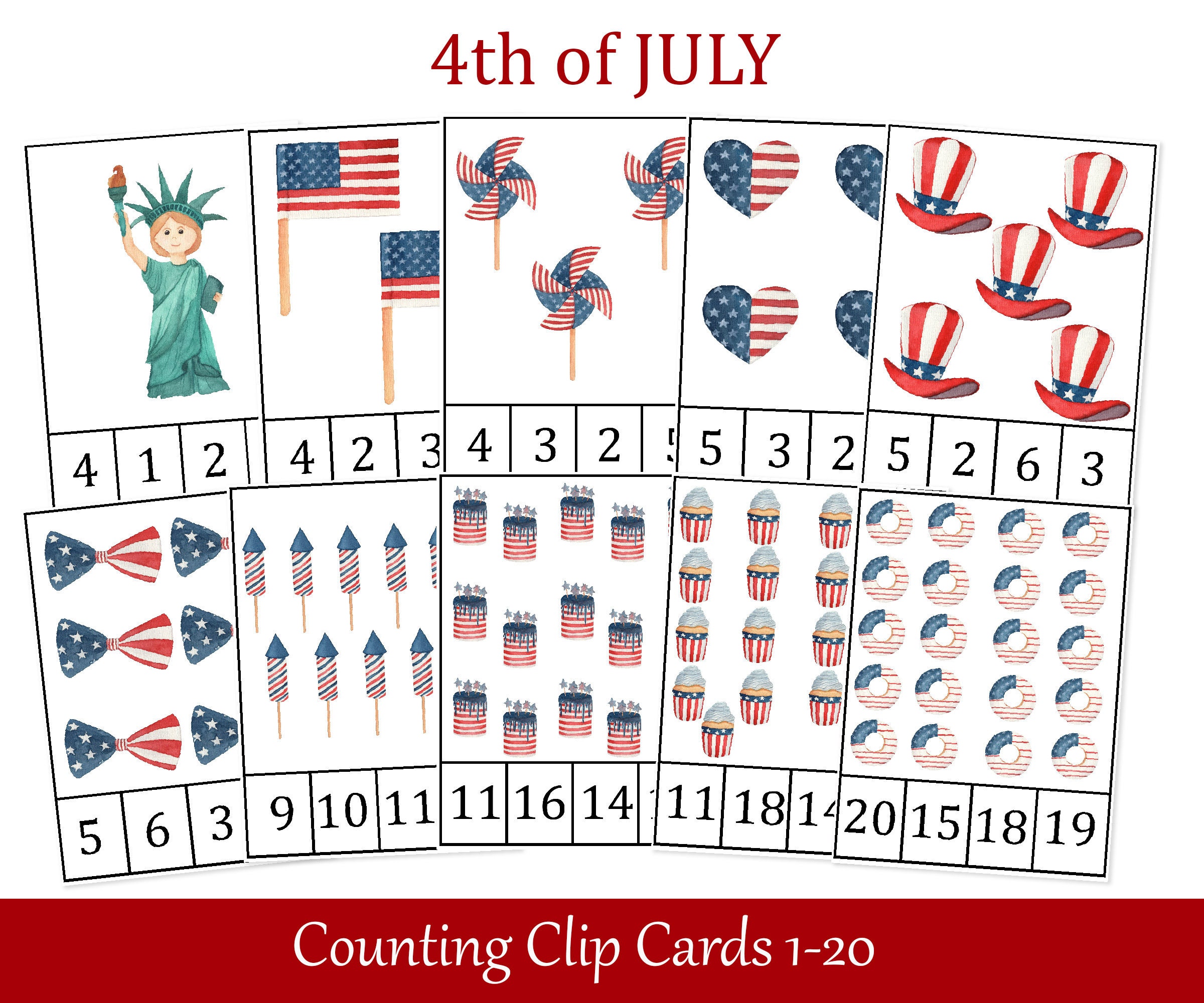 4th of July Count and Clip Cards, Number 1 - 20, USA Independence Day ...