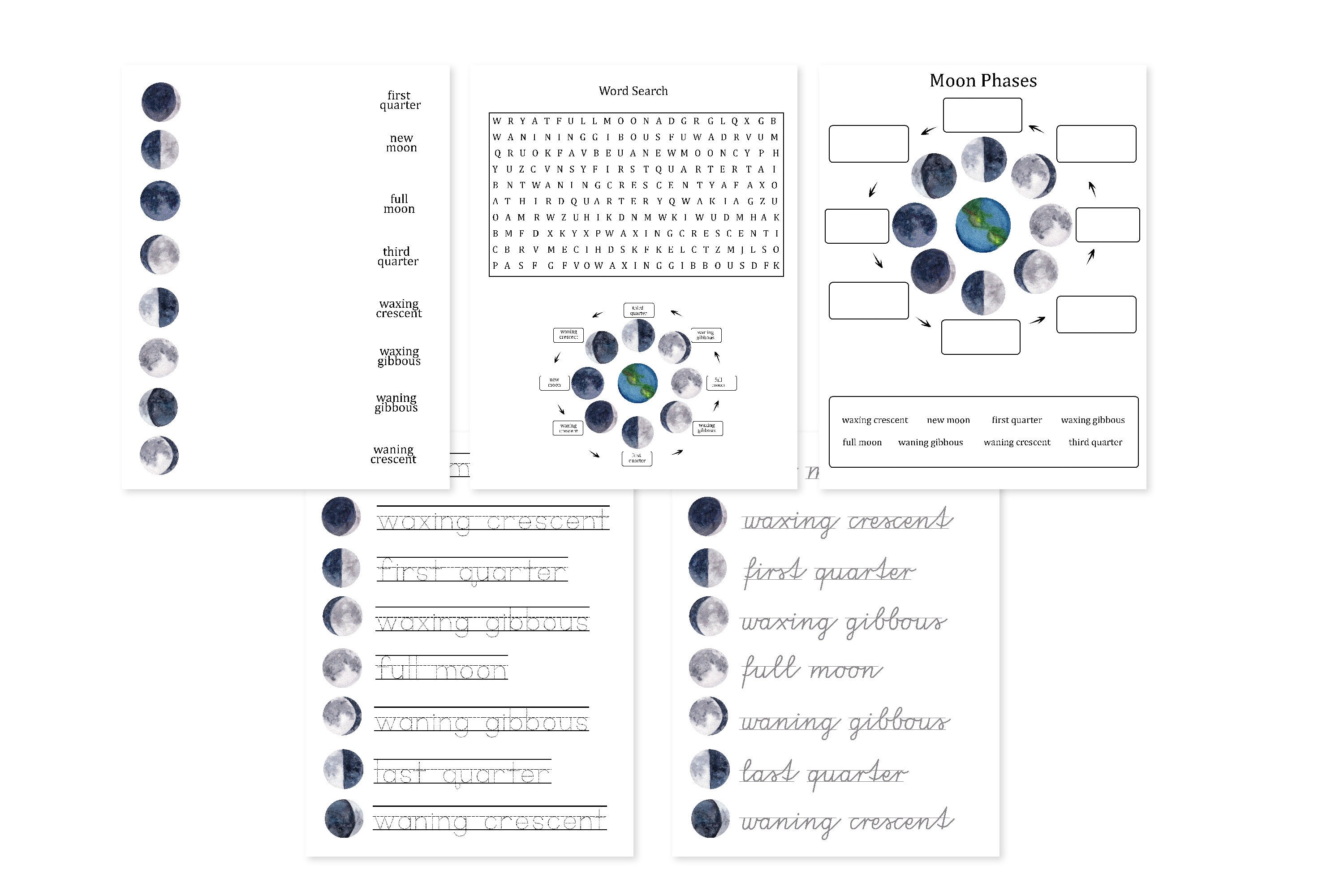 Moon Phases Worksheets, Homeschool Learning Pack Lunar Cycle ...