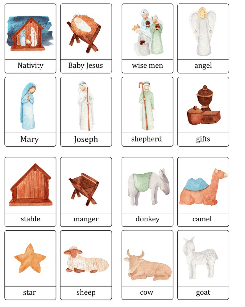 Nativity Christmas Flash Cards, Montessori Three Part Cards ...