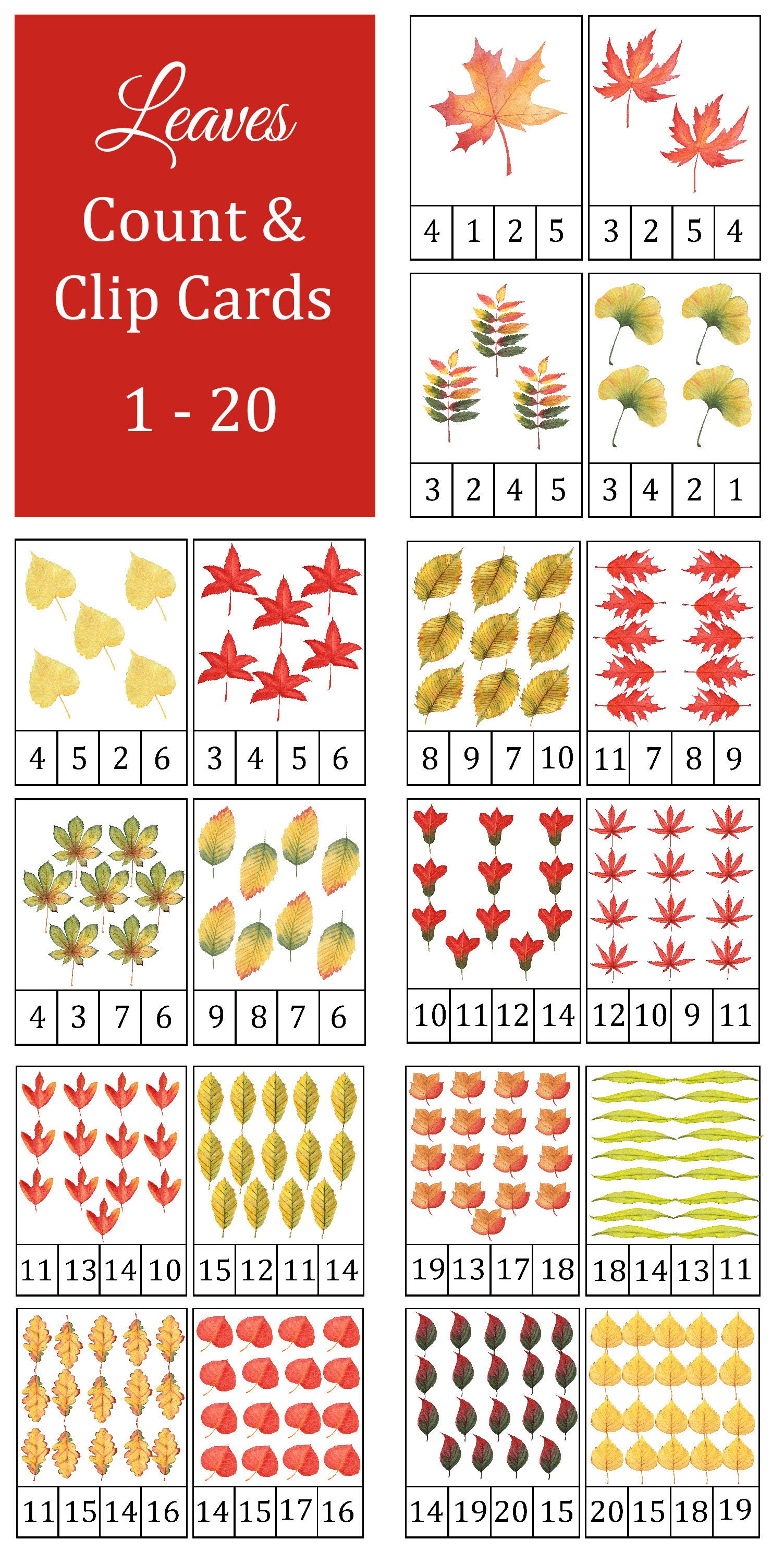 Fall Leaves Count and Clip Cards, Number 1 - 20, Flashcards, Autumn ...