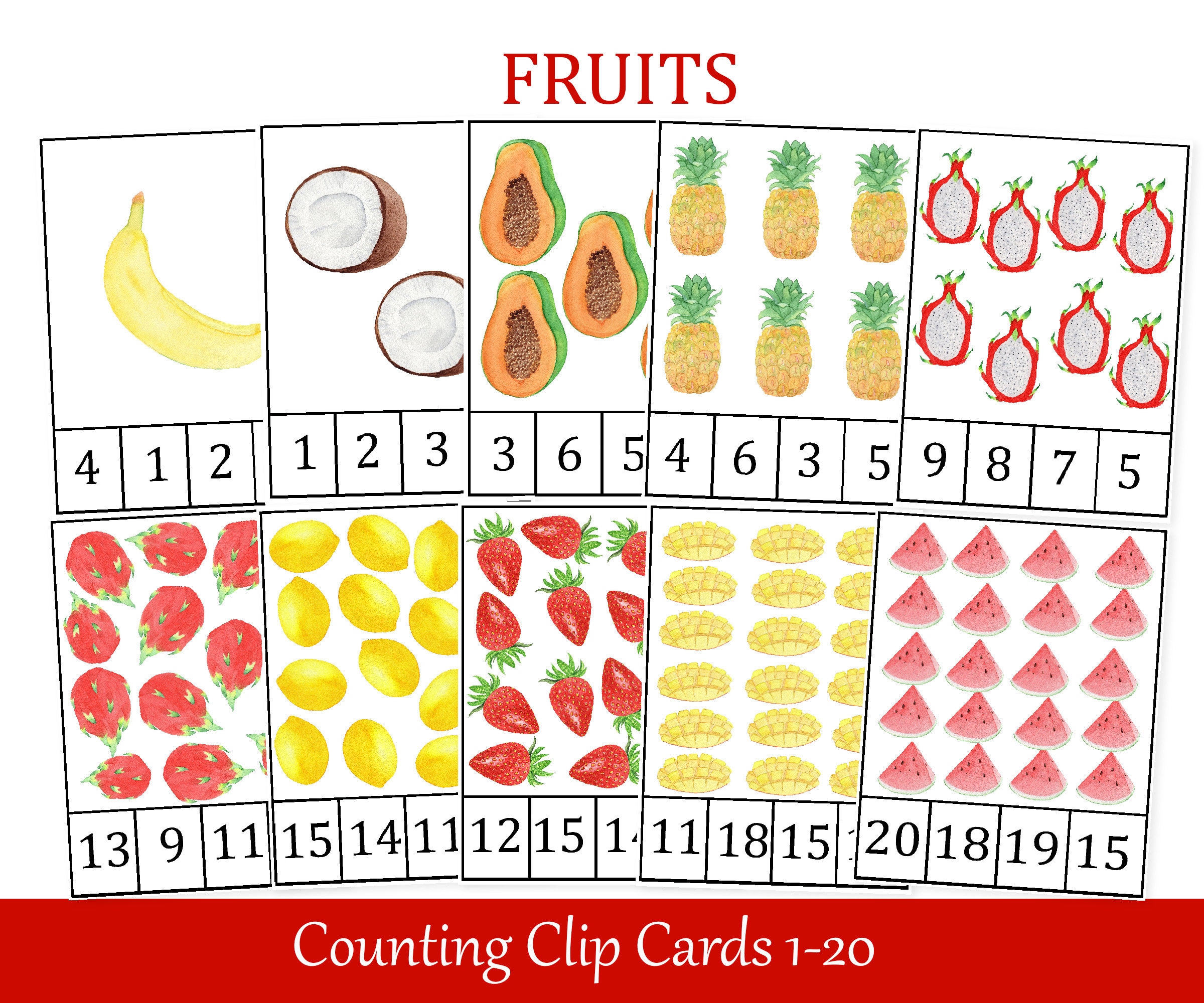 Fruits Count and Clip Cards, Summer Montessori Counting, Number 1 - 20 ...