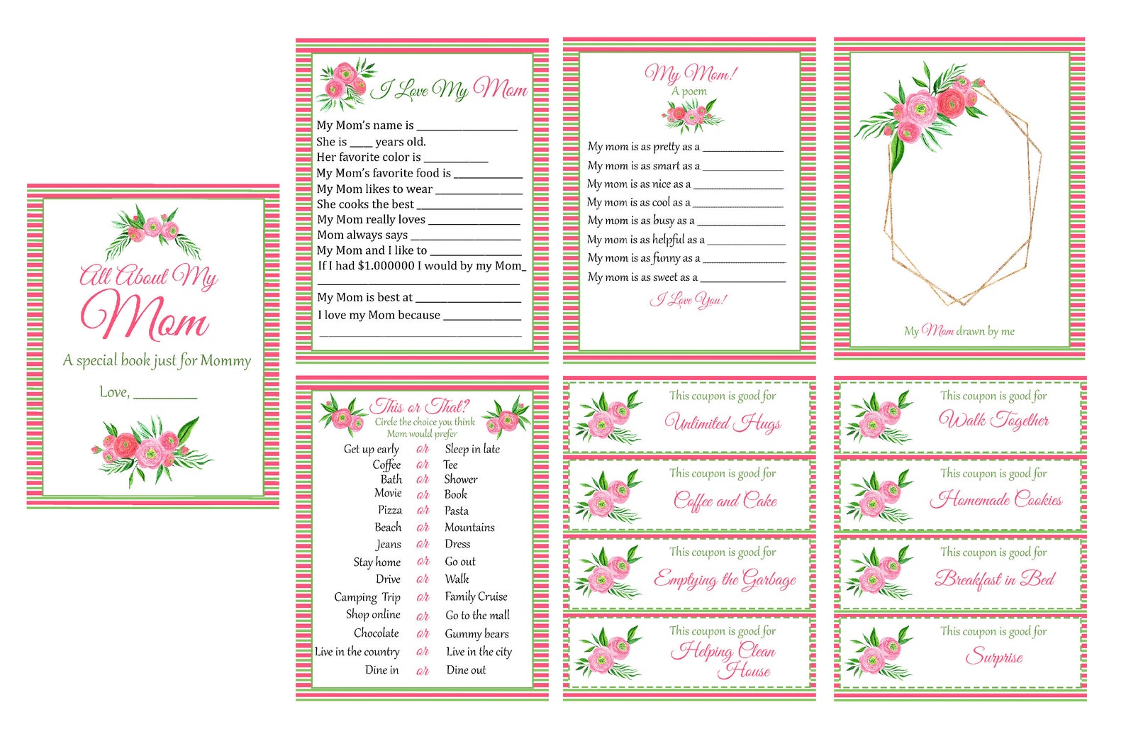 All About My Mom Questionnaire, Printable Coupon Book, Mothers Day DIY ...