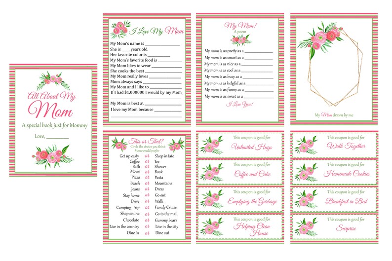 All About My Mom Questionnaire, Printable Coupon Book, Mothers Day DIY ...