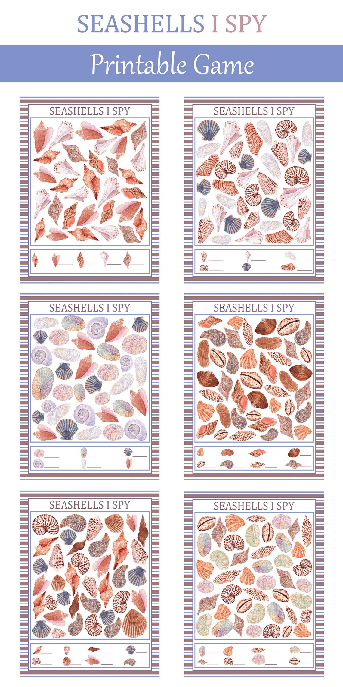 I Spy Seashells, Summer Beach Printable Game for Kids, Preschool Party ...