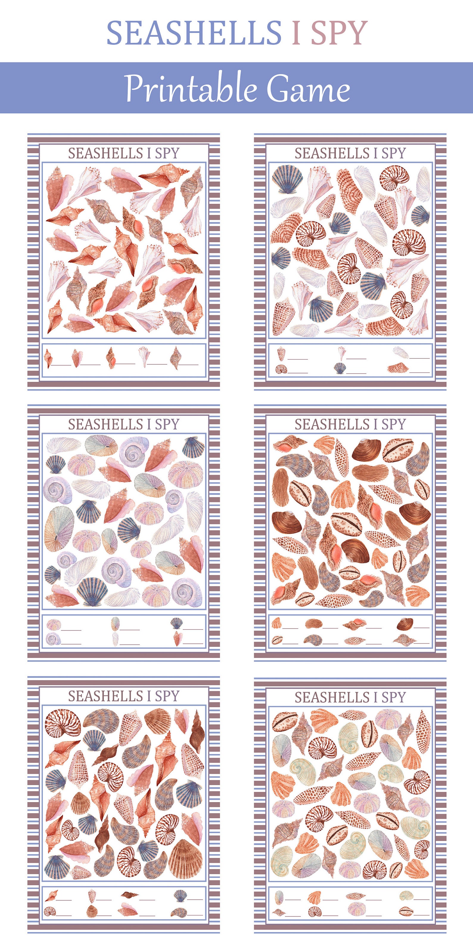I Spy Seashells, Summer Beach Printable Game for Kids, Preschool Party ...