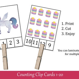 Unicorns Count and Clip Cards, Number 1 - 20, Flashcards, Preschool ...