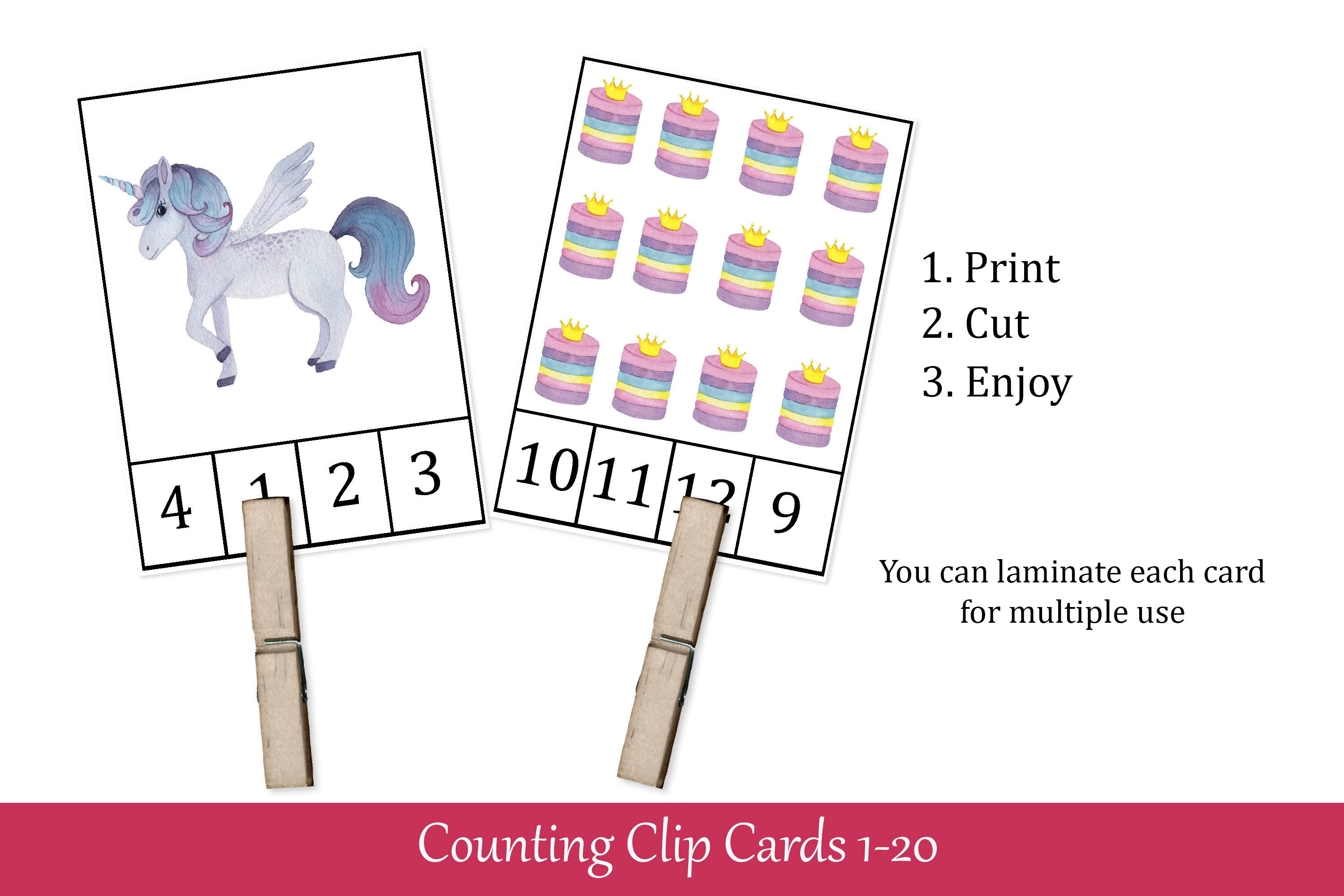 Unicorns Count and Clip Cards, Number 1 20, Flashcards, Preschool ...
