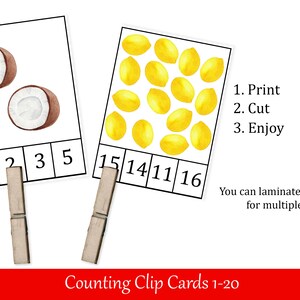 Fruits Count and Clip Cards, Summer Montessori Counting, Number 1 - 20 ...