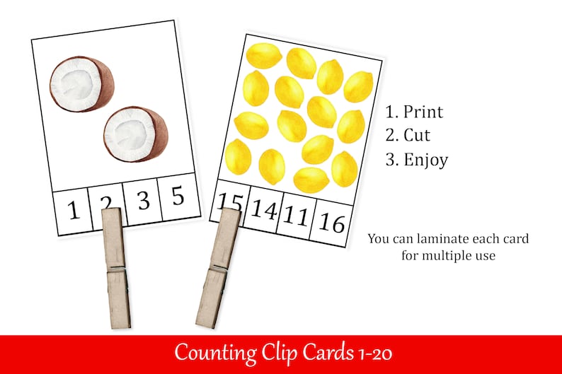 Fruits Count and Clip Cards, Summer Montessori Counting, Number 1 20 ...