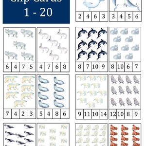 Arctic Animals Count and Clip Cards, Montessori Counting Numbers 1 - 20 ...