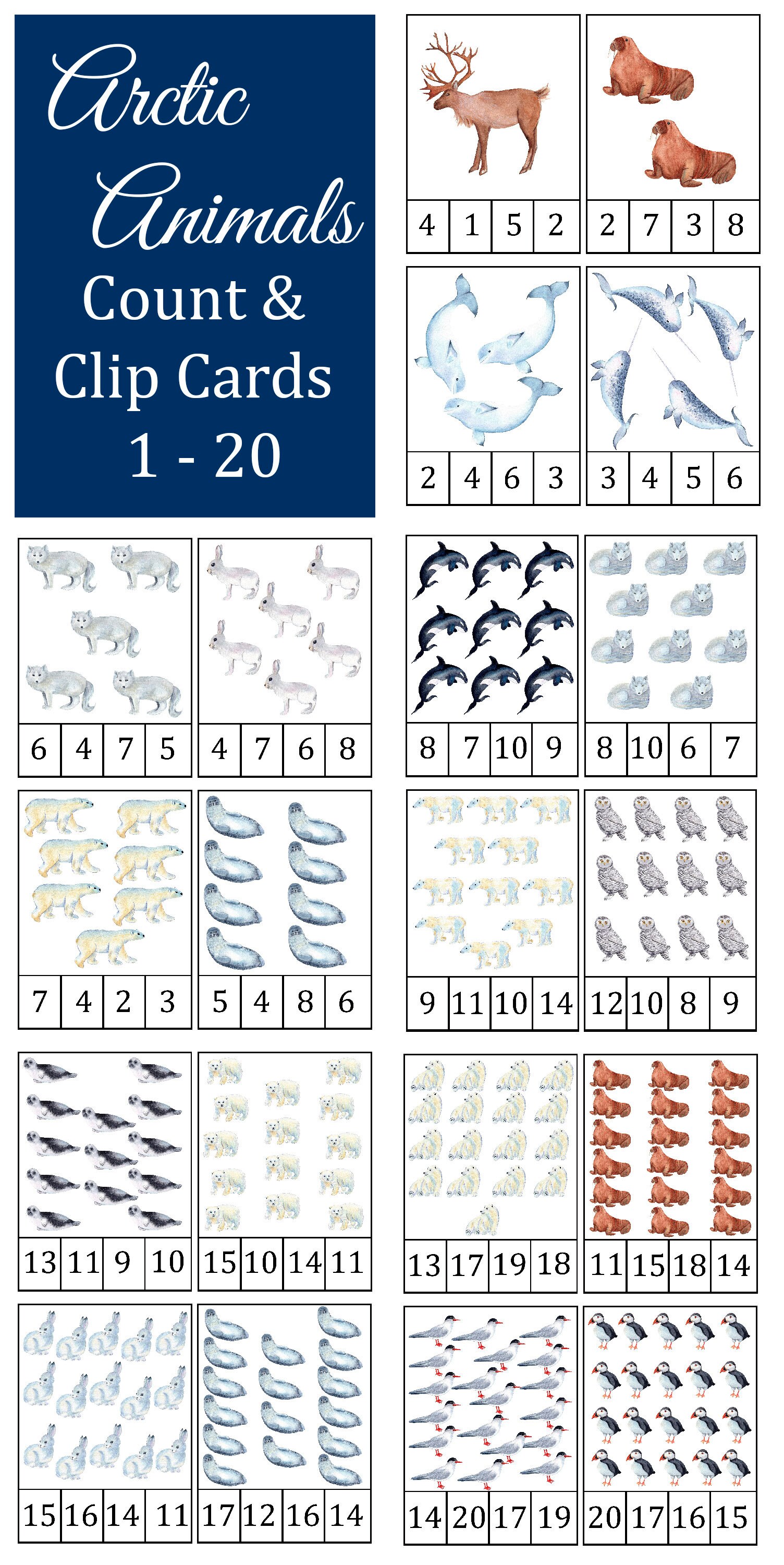 Arctic Animals Count and Clip Cards, Montessori Counting Numbers 1 20 ...