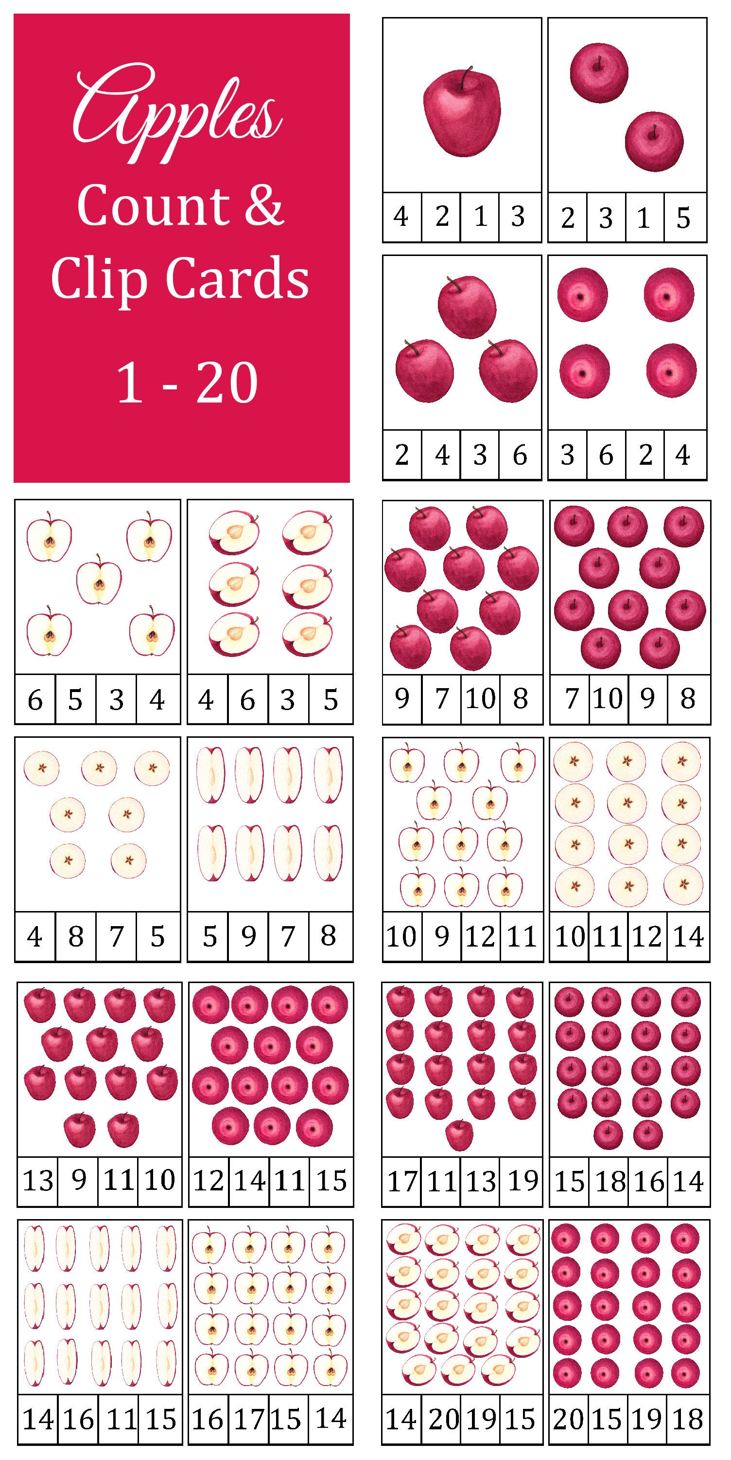 Apples Count and Clip Cards, Number 1 - 20, Flashcards, Fall Activity ...