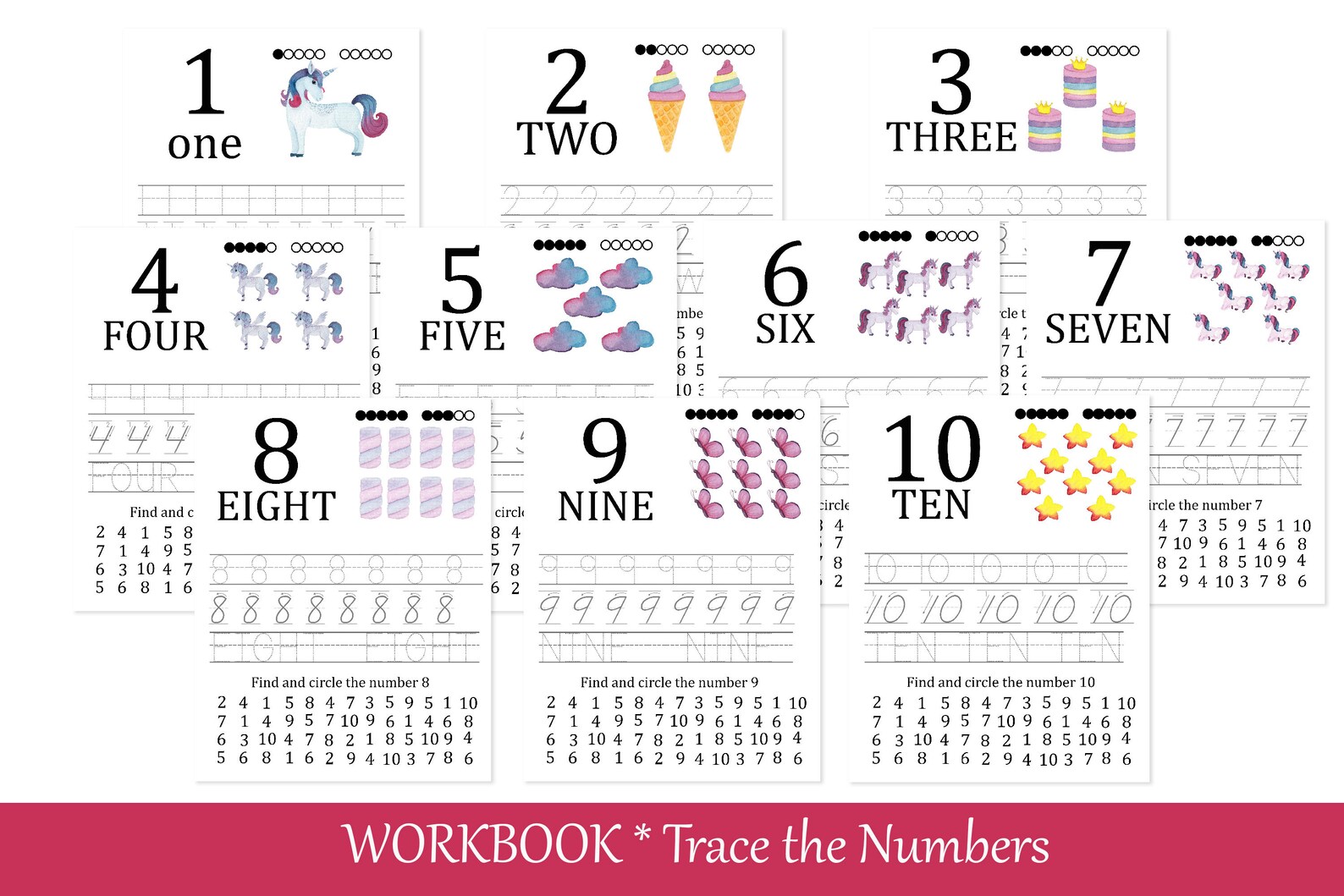 Numbers Writing Practice, Unicorns Tracing Worksheets, Preschool ...