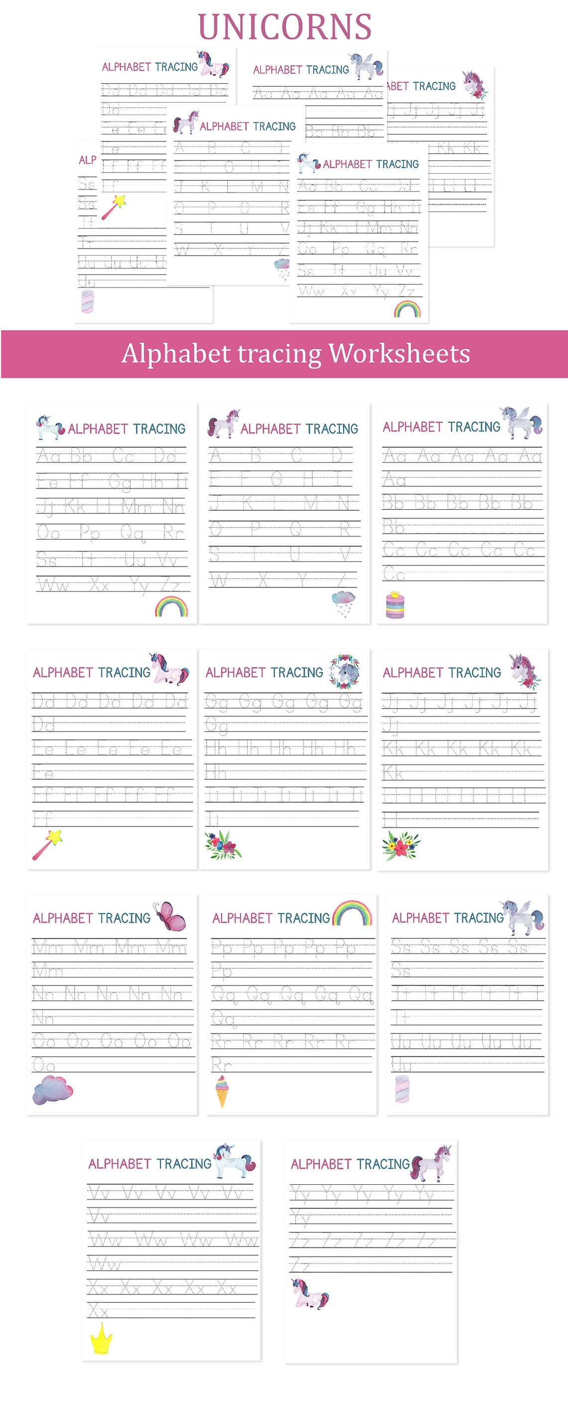Alphabet Tracing Worksheets, Unicorns Letters Writing Practice ...
