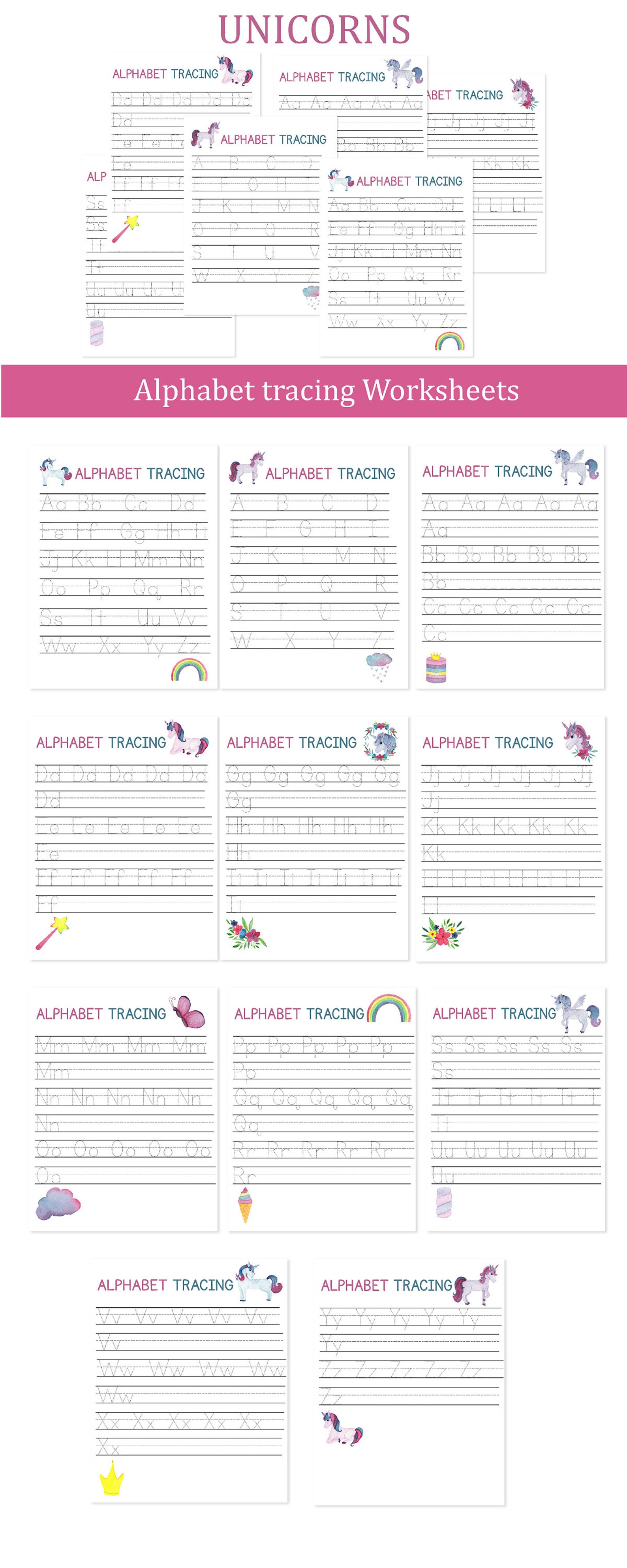 Alphabet Tracing Worksheets, Unicorns Letters Writing Practice ...