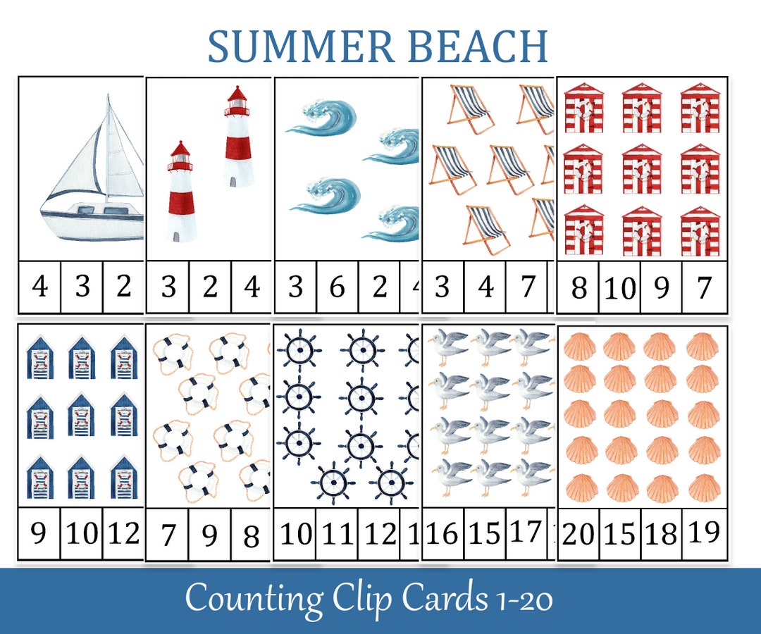 Summer Ocean Beach Count and Clip Cards, Number 1 - 20, Flashcards ...