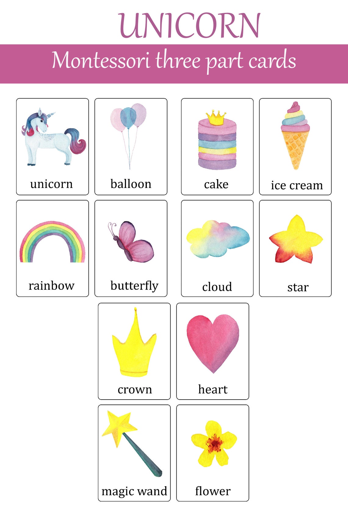 Unicorn Montessori Three Part Cards. Fairy Nomenclature Cards ...