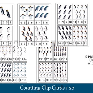 Penguins Count and Clip Cards, Montessori Counting Numbers 1 - 20 ...
