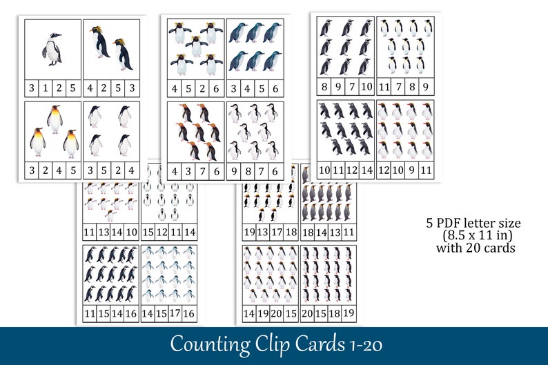 Penguins Count and Clip Cards, Montessori Counting Numbers 1 20 ...