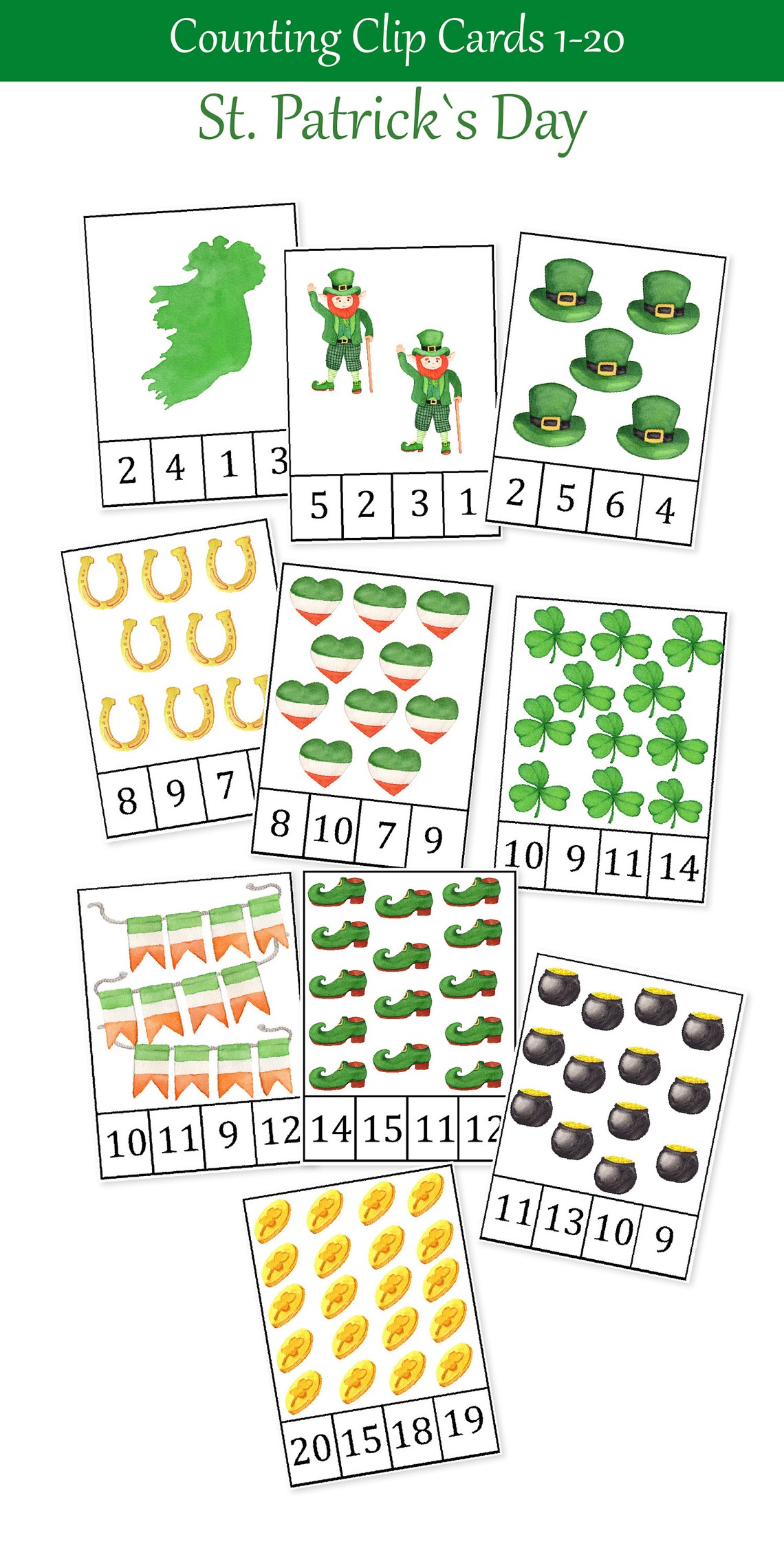 St. Patricks Day Count and Clip Cards, Number 1 - 20, Flashcards ...