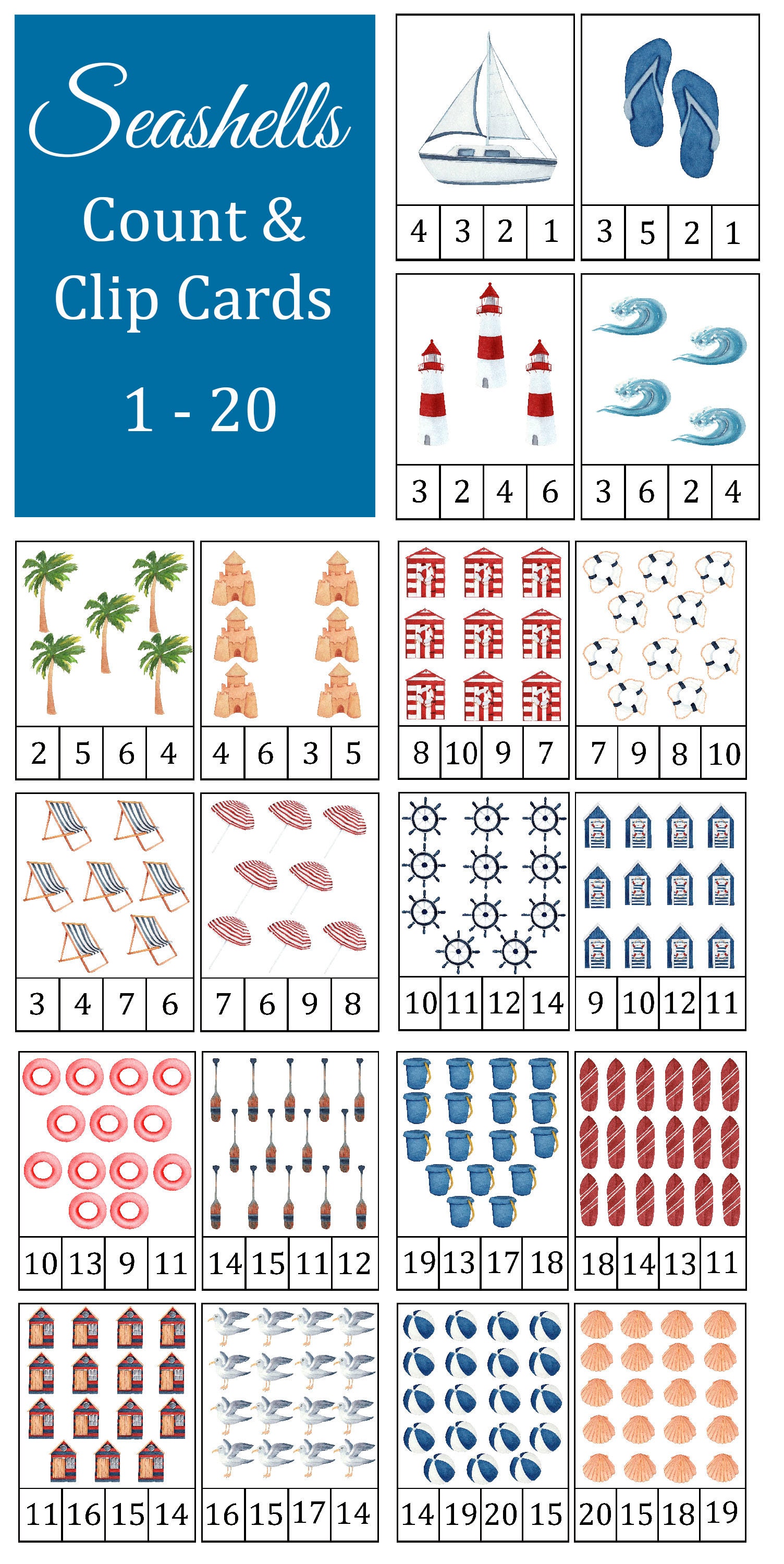 Summer Ocean Beach Count and Clip Cards, Number 1 - 20, Flashcards ...