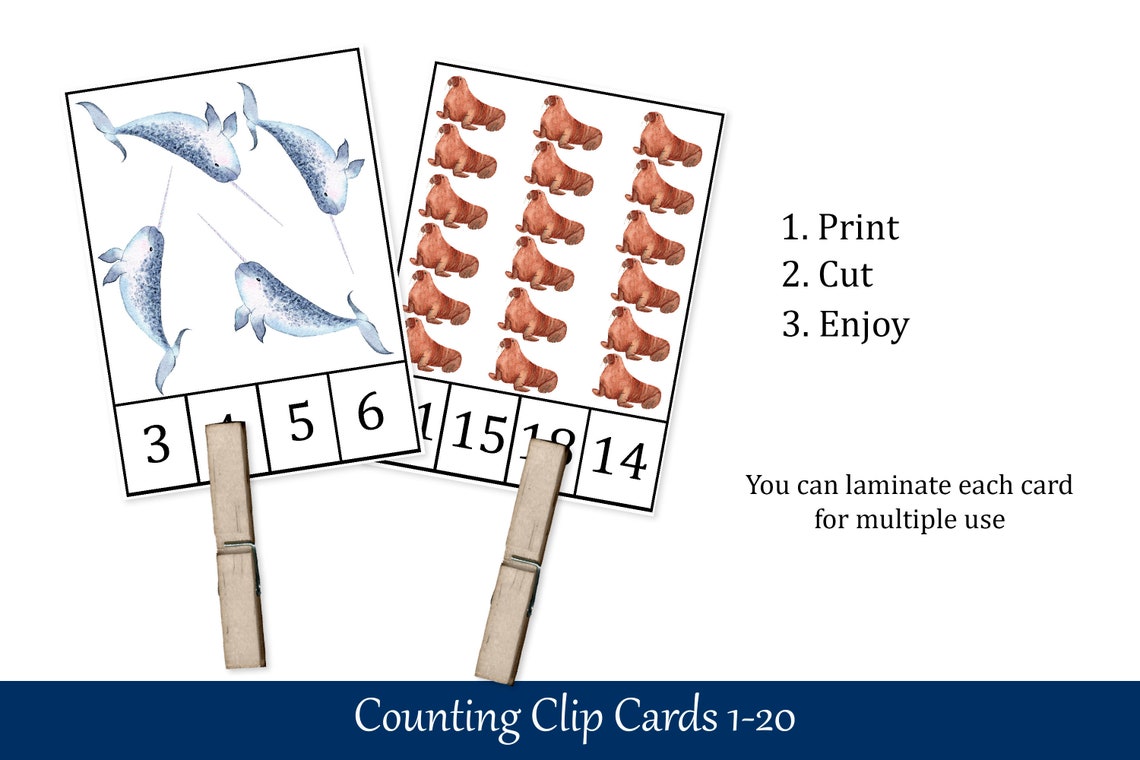 Arctic Animals Count and Clip Cards, Montessori Counting Numbers 1 20 ...