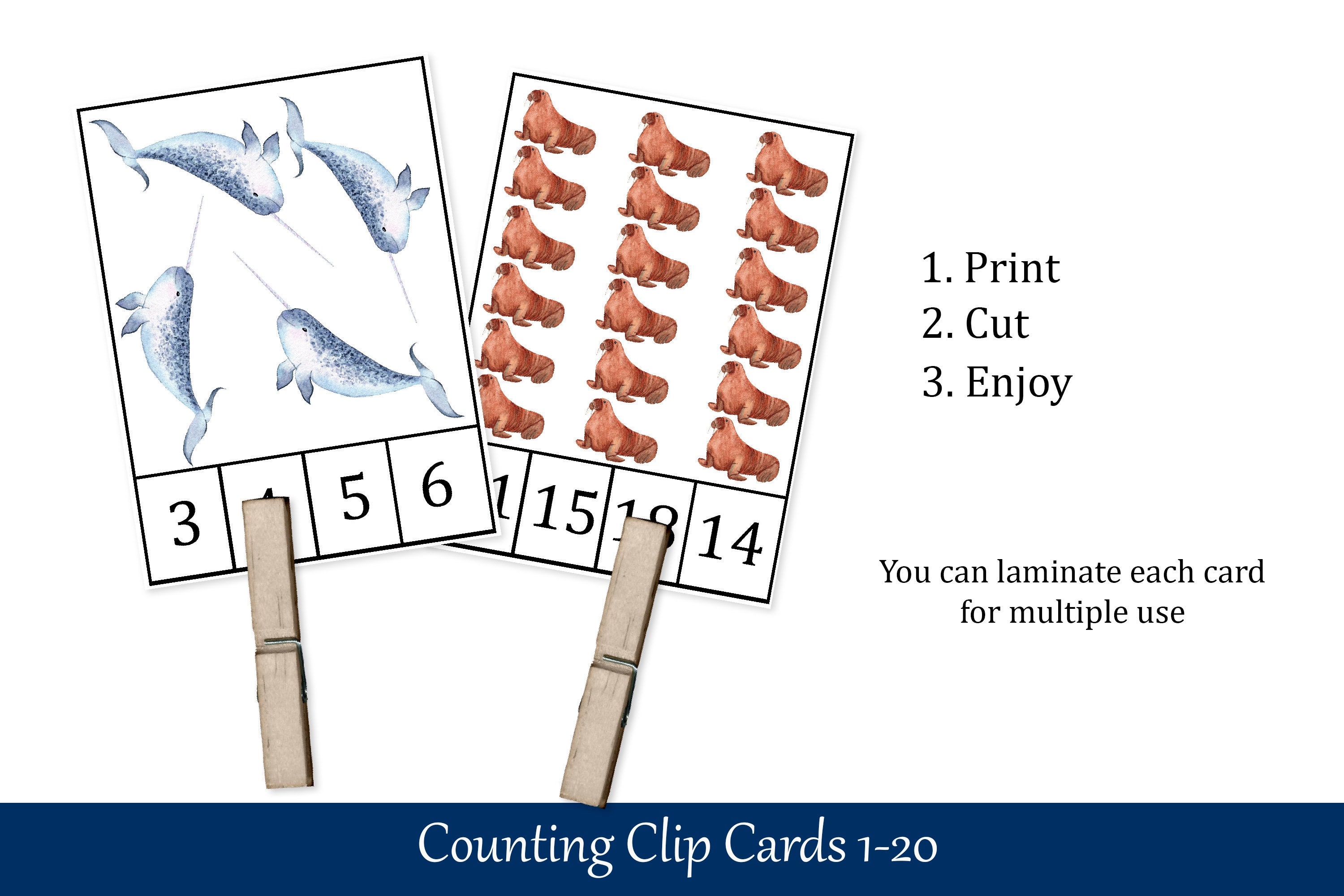 Arctic Animals Count and Clip Cards, Montessori Counting Numbers 1 - 20 ...