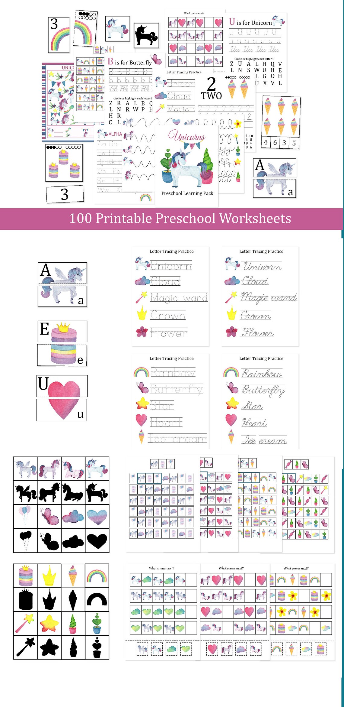 Unicorn Preschool Learning Pack, Worksheets, Montessori Materials, Math ...