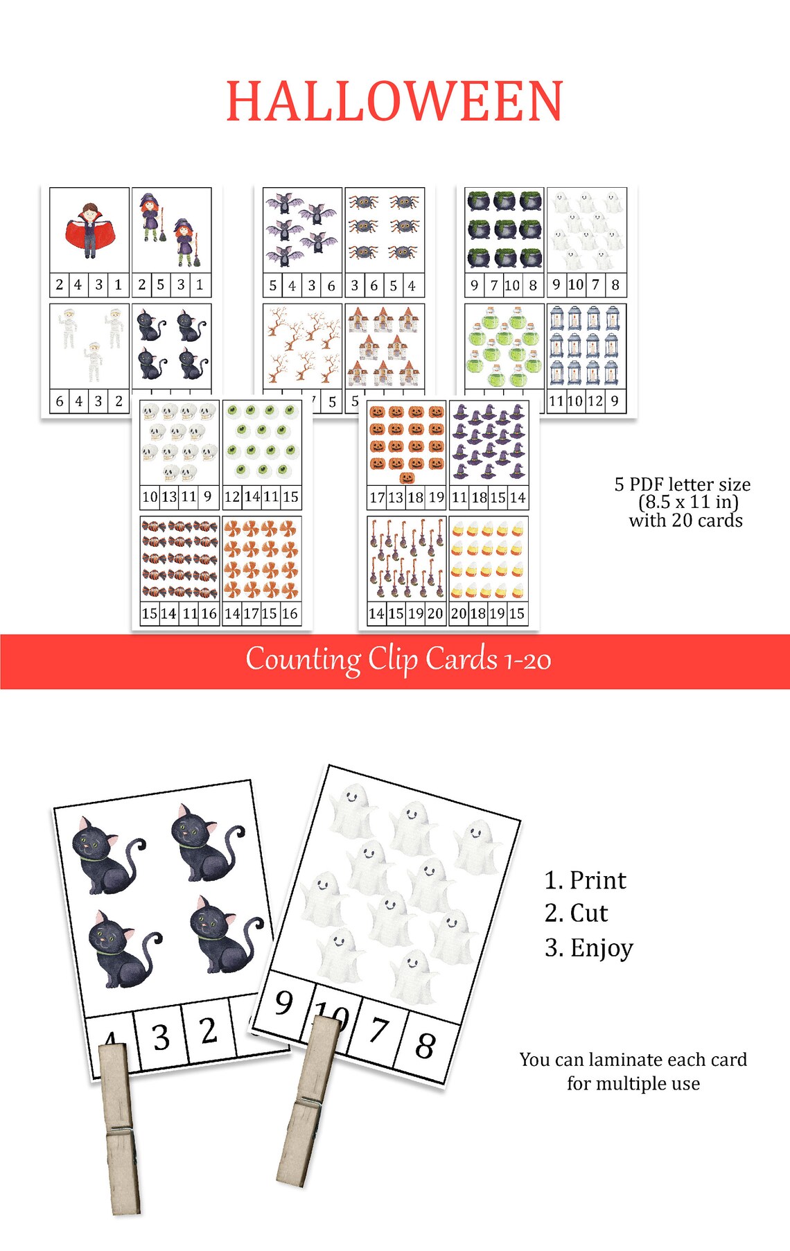 Halloween Count and Clip Cards, Number 1 20, Flashcards, Fall Activity ...