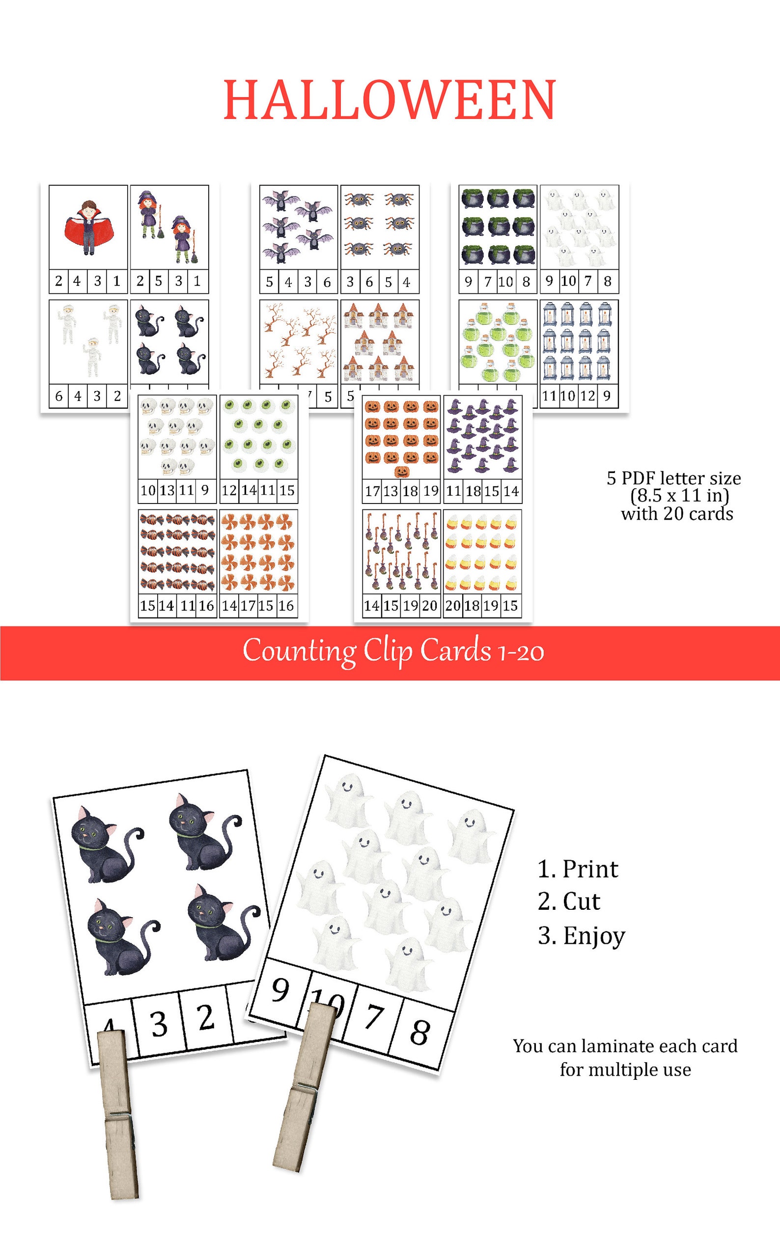 Halloween Count and Clip Cards, Number 1 20, Flashcards, Fall Activity ...