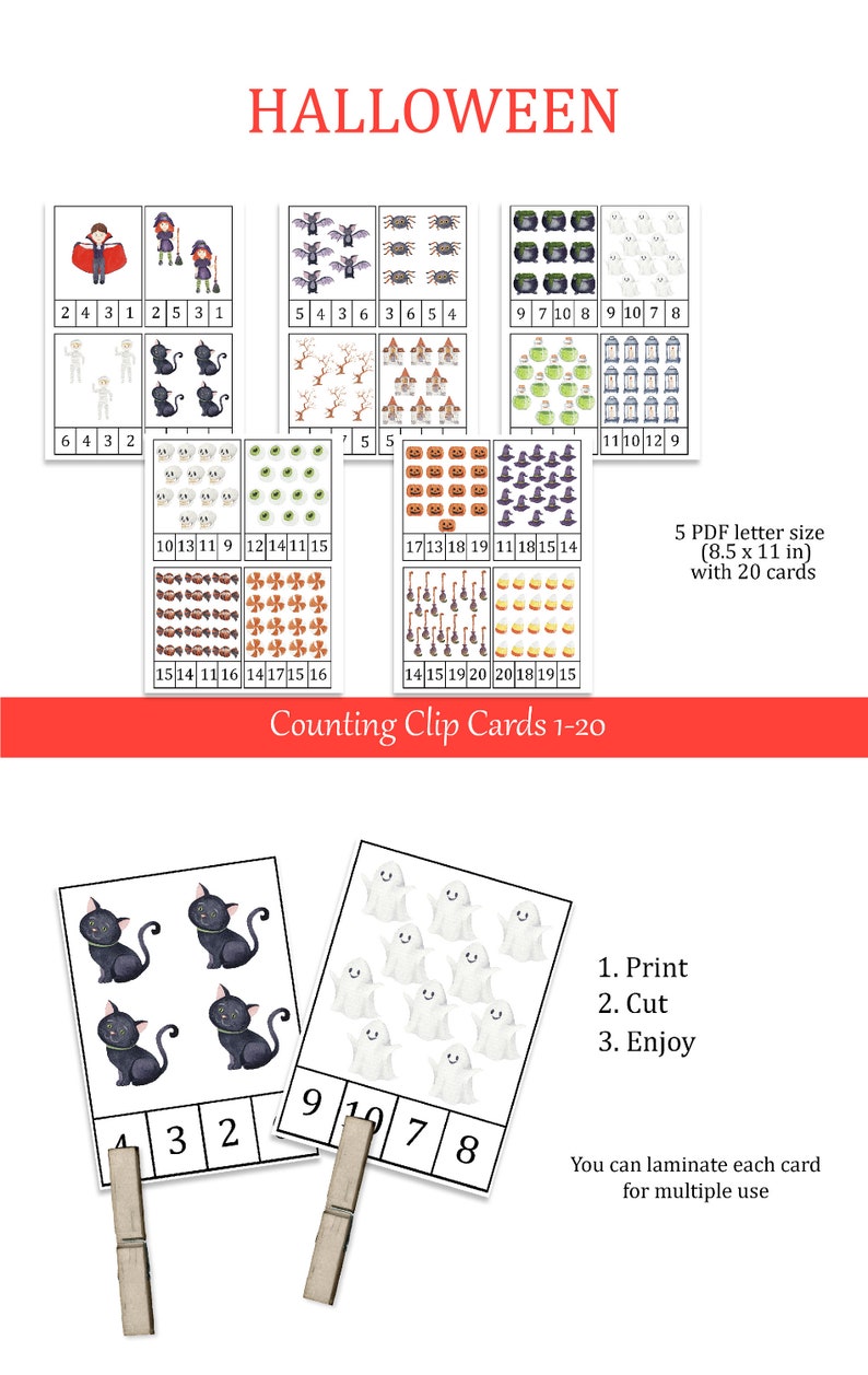 Halloween Count and Clip Cards, Number 1 - 20, Flashcards, Fall ...