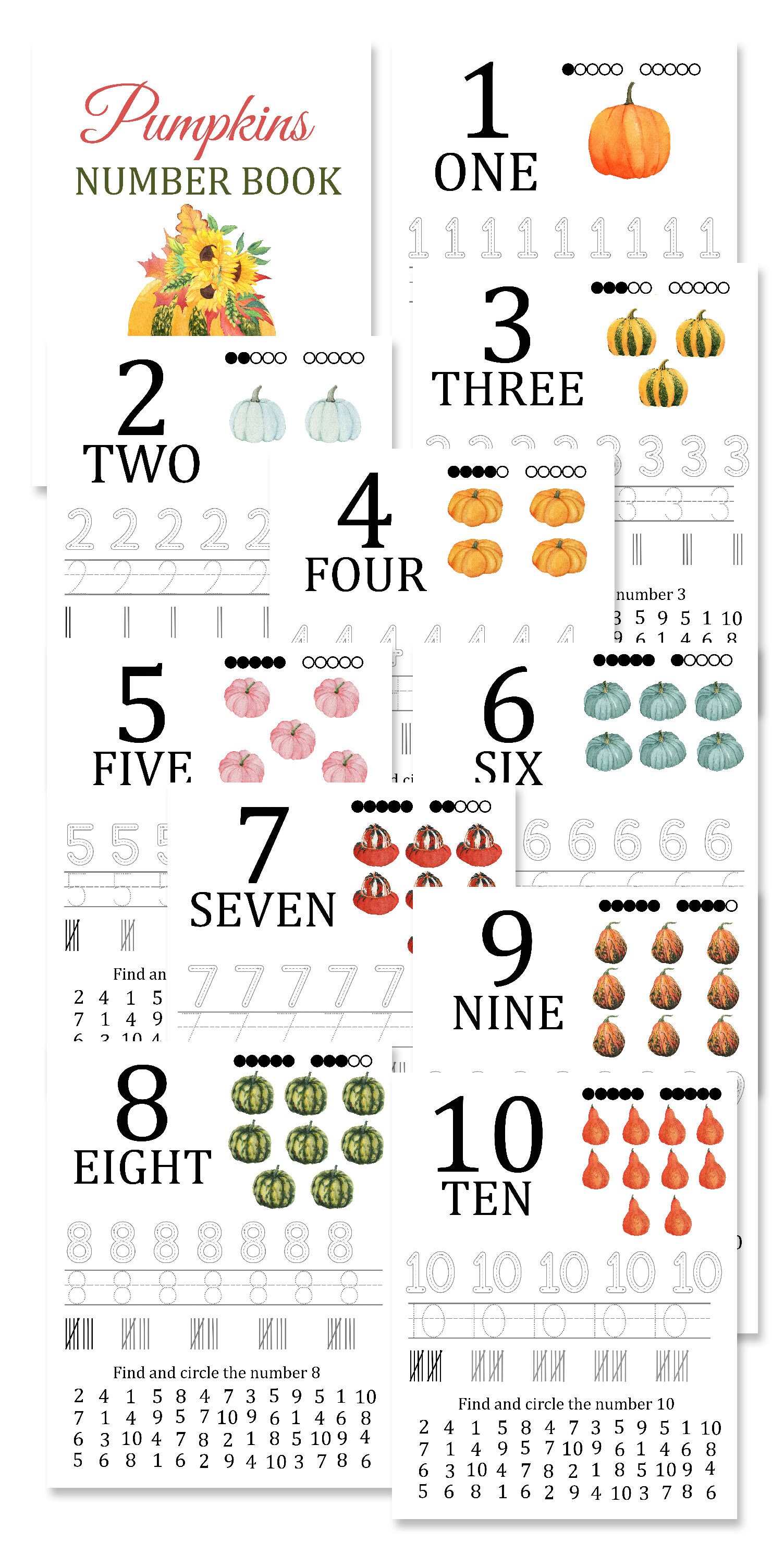 Fall Pumpkins Number Book, Numbers Writing Practice, Autumn Tracing ...