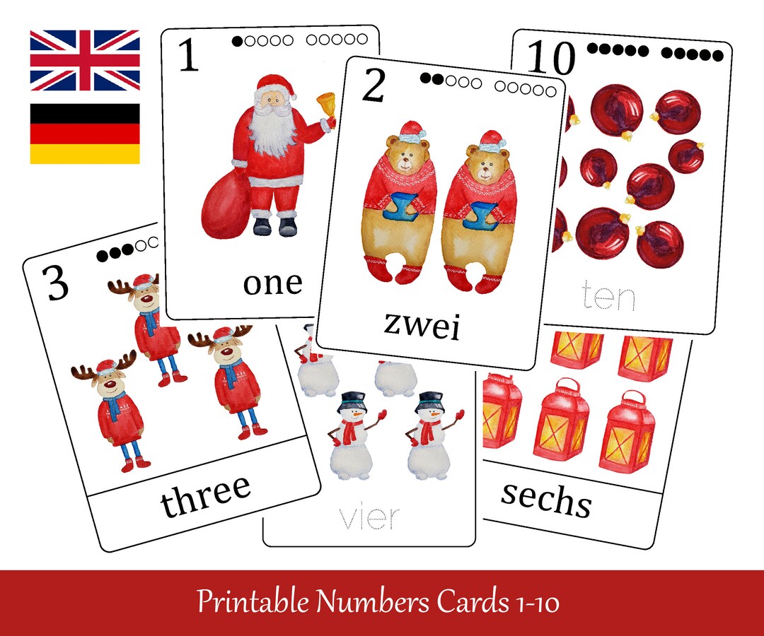 Christmas Numbers Flash Cards. Bilingual English & German Printable ...