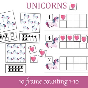 Unicorns Ten Frame Counting Flashcards, Montessori Math Worksheets for ...