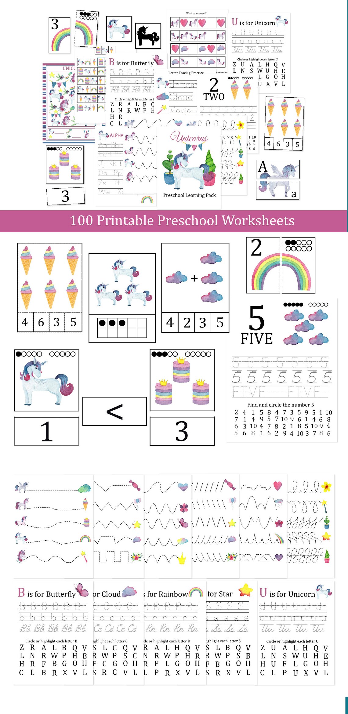 Unicorn Preschool Learning Pack, Worksheets, Montessori Materials, Math ...