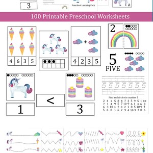 Unicorn Preschool Learning Pack, Worksheets, Montessori Materials, Math ...